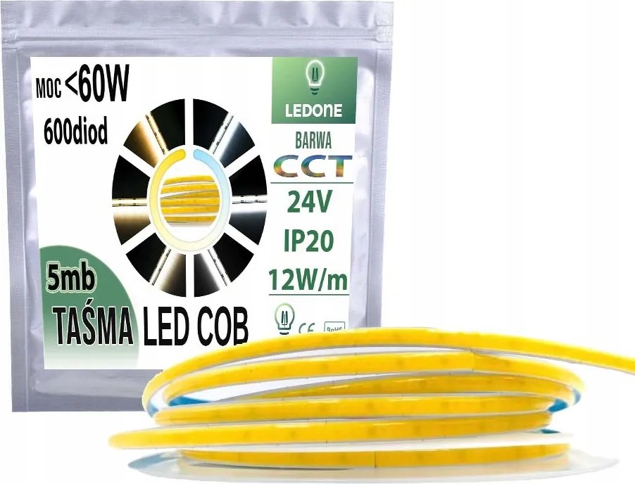 Led pásek Cob úzký 5 mm 24 V 600 diod/m 12 W/mb neonová linka mutiwhite Cct 5 m