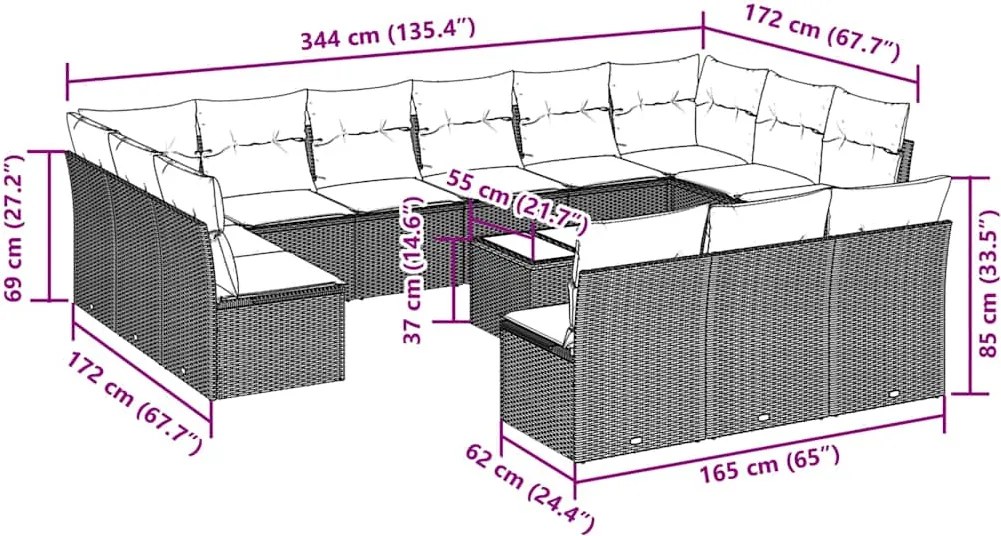 14dílná zahradní sedací souprava s poduškami černá polyratan 3250235