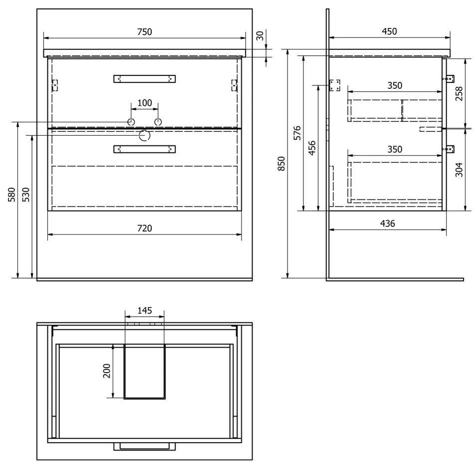 Aqualine VEGA umyvadlová skříňka 72x57,6x43,6cm, 2x zásuvka, bílá VG073