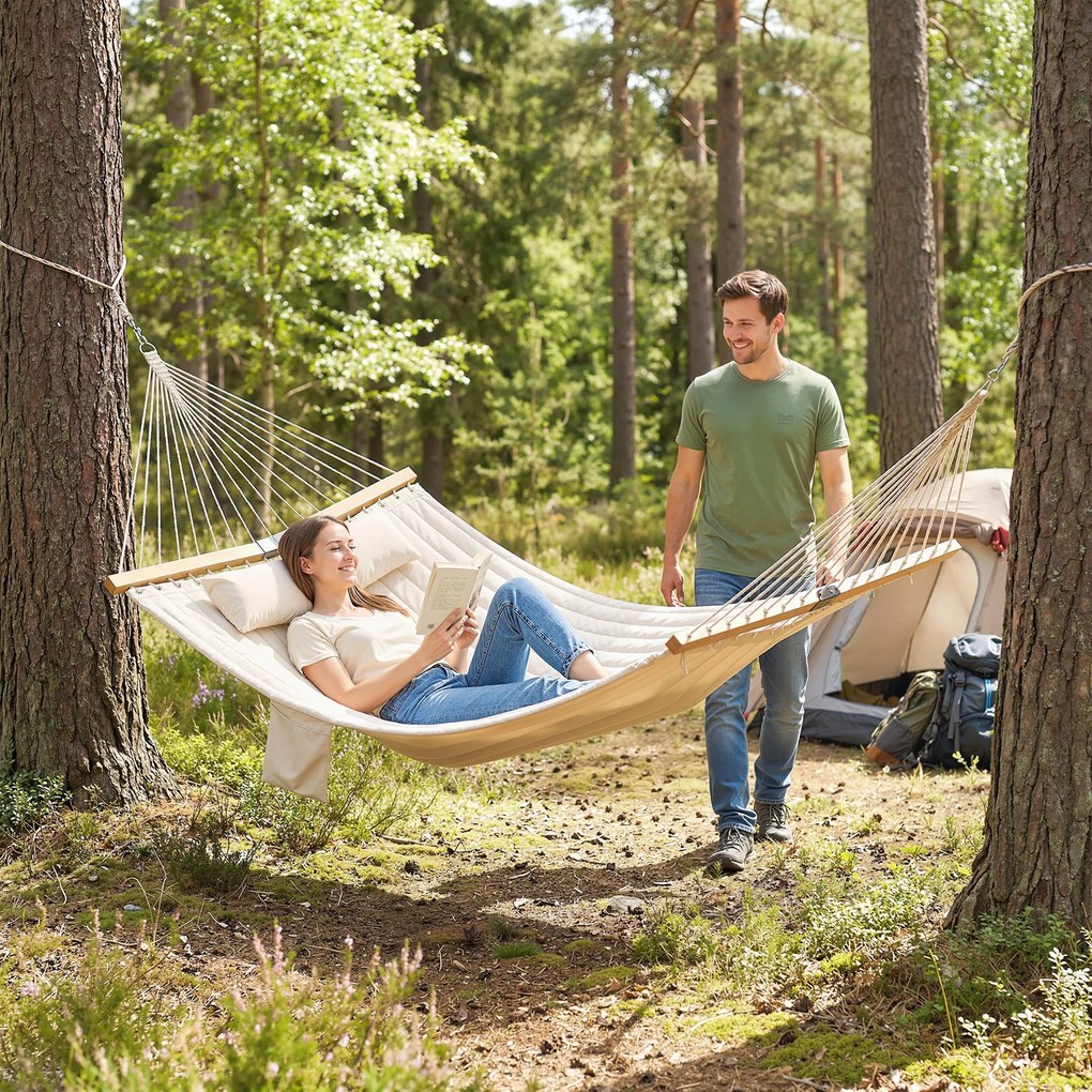 Houpací síť Outdoor 200x140 cm, dvouvrstvá houpací síť s kapsou na zásobník na hlavu, dřevěné tyče do 200 kg