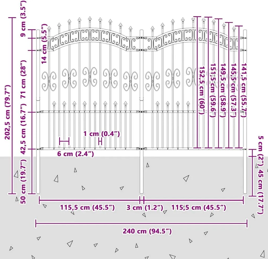 Zahradní plot KAMPEN s kopím nahoře černý 240 x 150 cm ocelový 151087