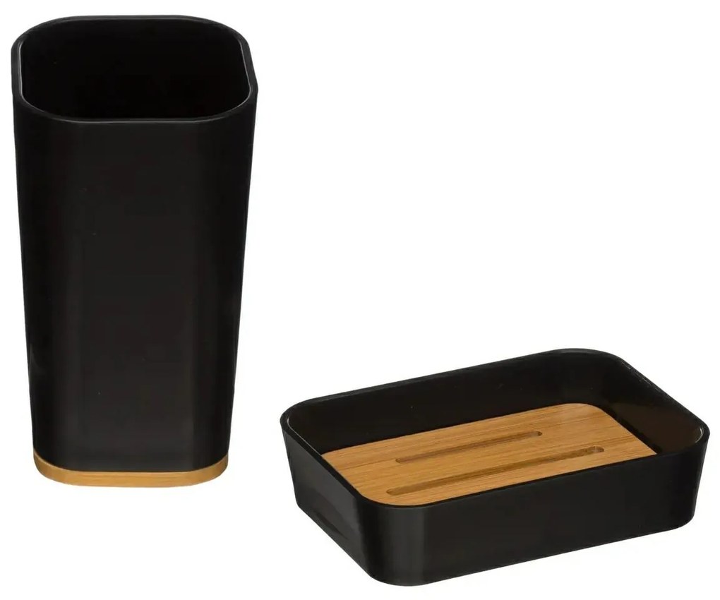 Sada koupelnových doplňků Natureo Black, černá/s dřevěnými prvky
