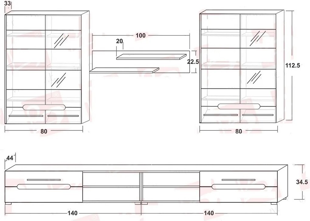 Obývací stěna v bílém lesku s prvky dekoru dub sonoma KN1212