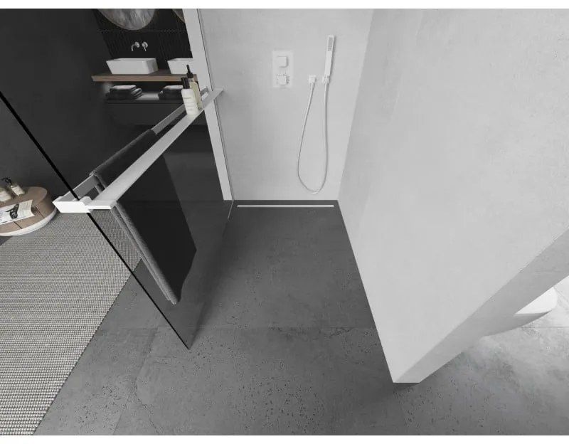 Mexen Kioto+, sprchová zástěna Walk-In s poličkou a věšákem 85 x 200 cm, 8mm čiré sklo, bílý profil, 800-085-121-20-00