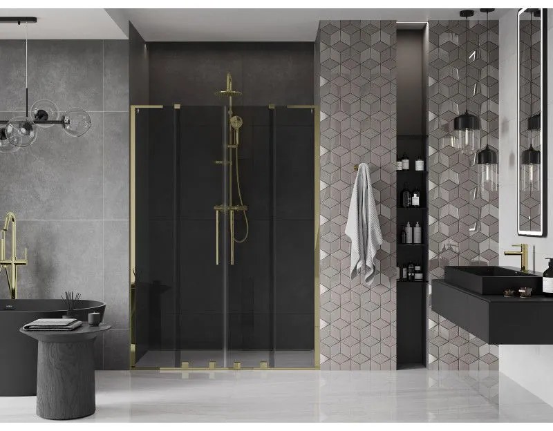 Mexen Velar L Duo, posuvné sprchové dveře do otvoru 160 cm, 8mm šedé sklo, zlatá lesklá, 871-160-003-42-50