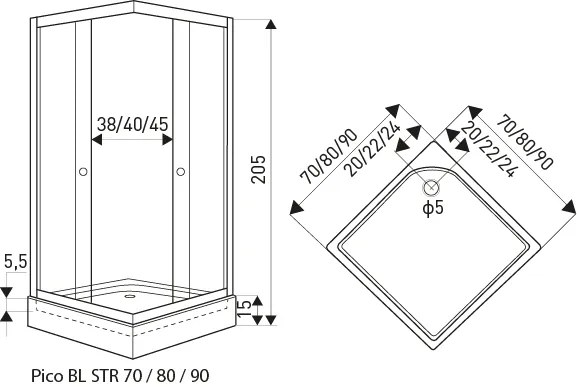 Novoterm Čtvercový sprchový kout NV-Pico STR 90x90 černá/transparent + vanička