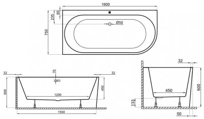 Polimat Sola 160x75 volně stojící akrylátová vana, modrá Délka vany: 160cm, Orientace: Pravá