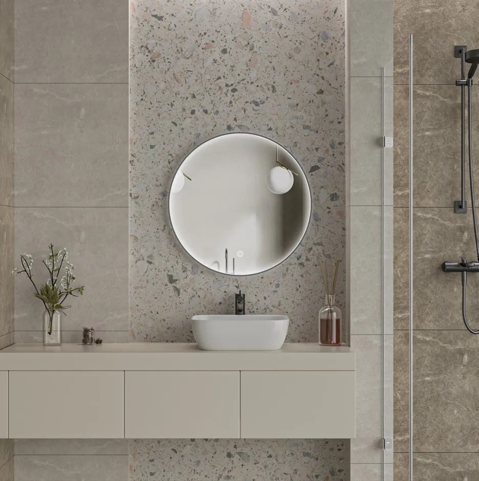 Erga Charlotte, kulaté LED zrcadlo 70cm, černý kovový rám, 1610 lm, 6500K, přední boční osvětlení, ERG-V01-204-7070-BK