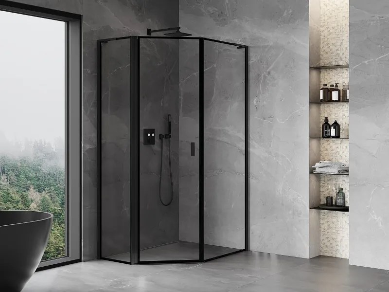 Mexen Mist L, pětiúhelníkový sprchový kout s křídlovými dveřmi, 80 x 90 cm, 8mm čiré sklo, černý profil, 8A8L-080-090-70-70-L
