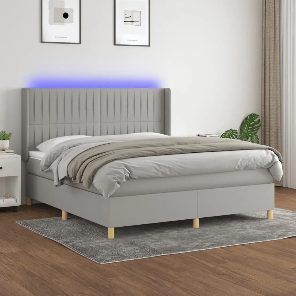 Box spring postel s matrací a LED světle šedá 180x200 cm textil 3139053