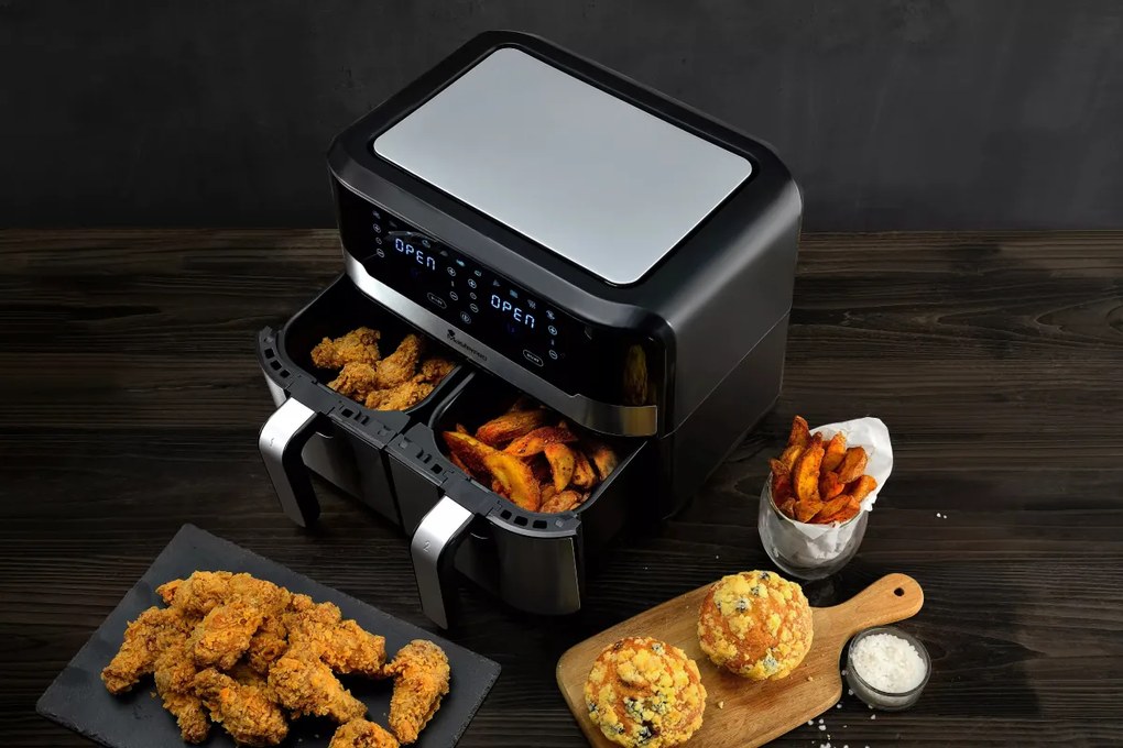Dvojitá horkovzdušná fritéza MasterPro Rocket Duo 900 / 2400 W / 9 l / 11 programů / stříbrná/černá
