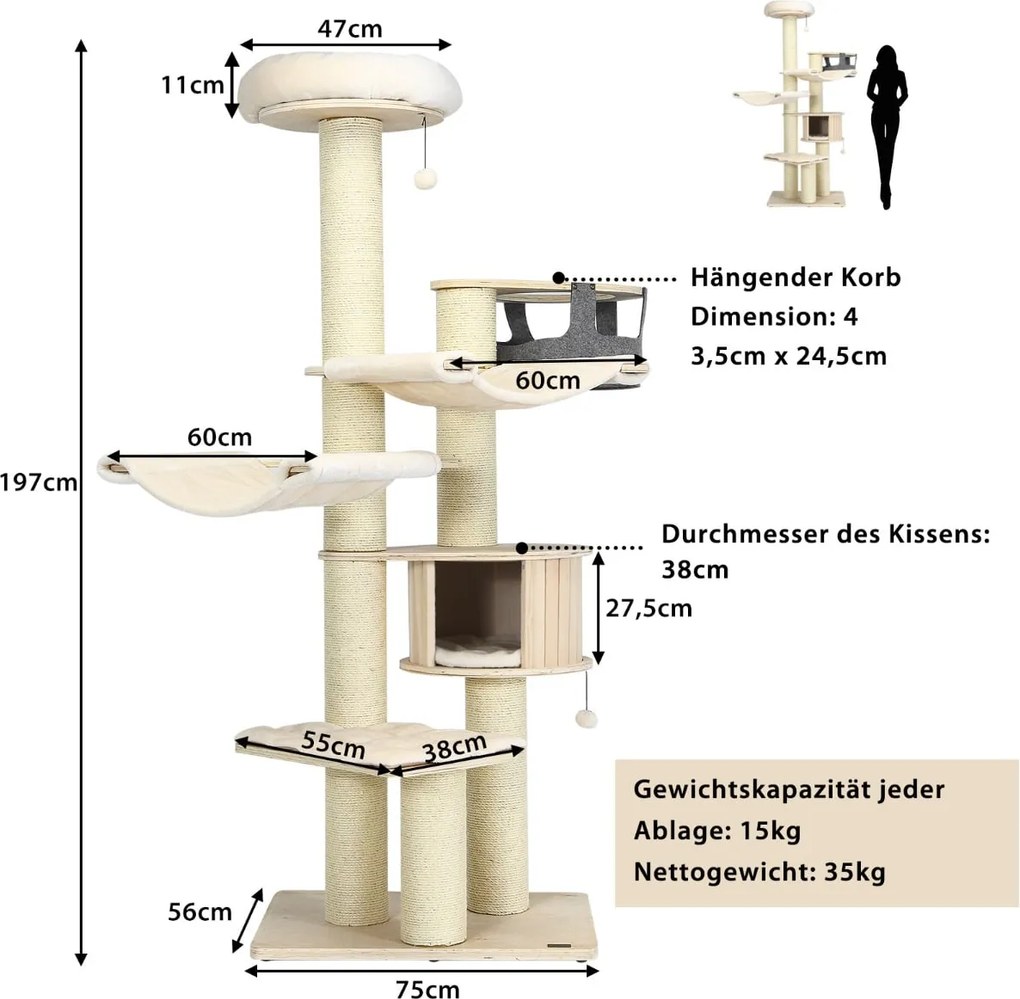 Costway 197 cm 7patrové dřevěné škrabadlo s houpací sítí a jeskyní pro kočky