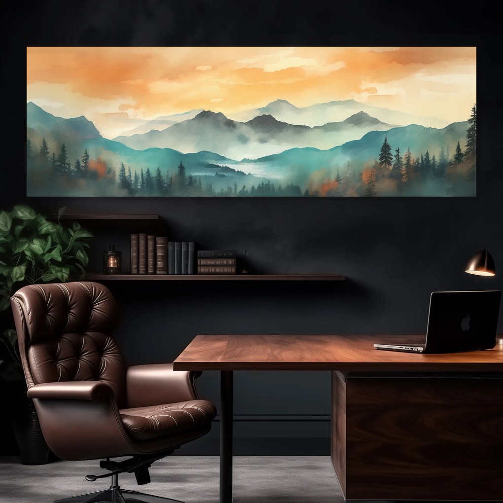 Obraz na plátně - Východ slunce v mlhou zahalených horách FeelHappy.cz Velikost obrazu: 210 x 70 cm