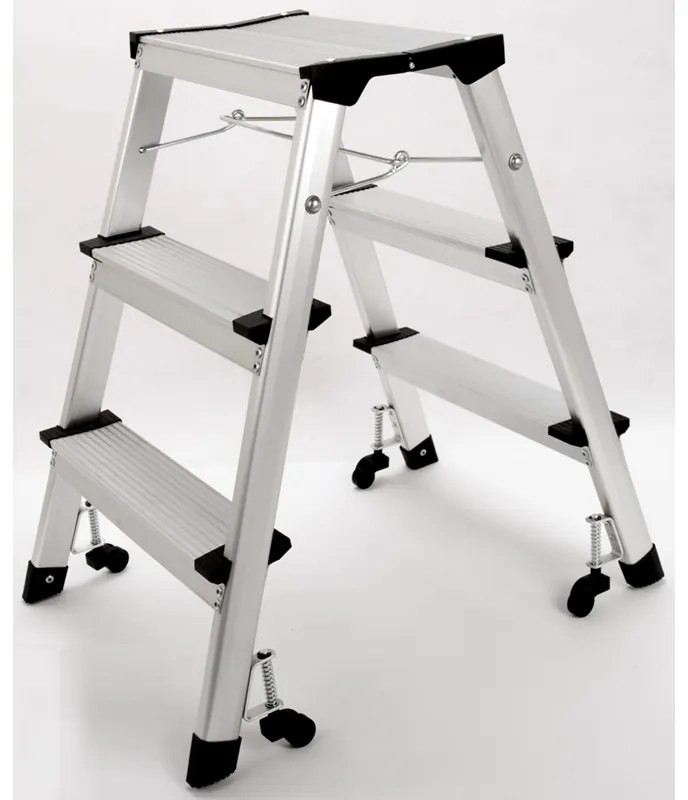 Hliníkové oboustranné skládací mobilní schůdky, 2x3 stupně, výška 680 mm
