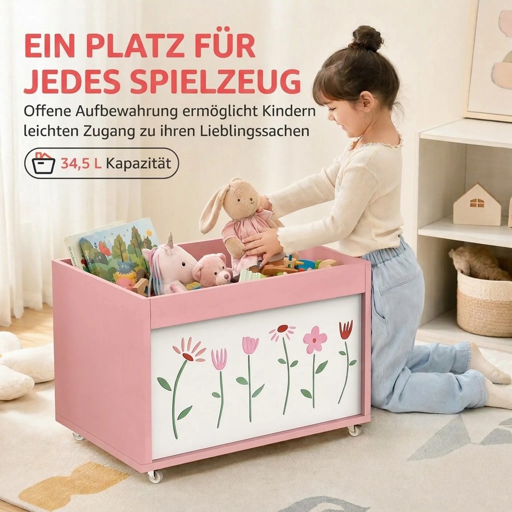 AIYAPLAY hrací box na hračky, úložný box s kolečky a brzdami, 34,5 l otevřený box na hračky s květinovým vzorem, 50 x 30 x 33,5 cm