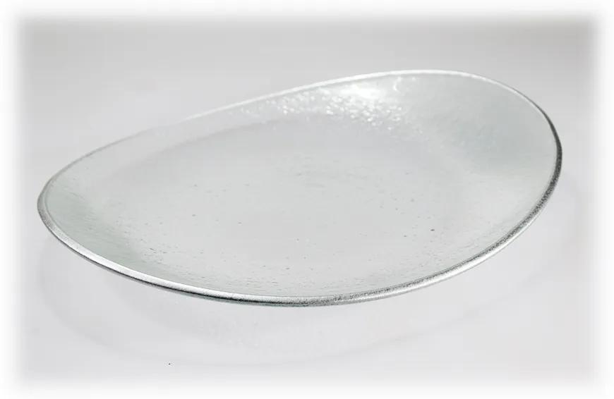 BDK-GLASS Skleněný oválný talíř OVAL ELLA čirý se stříbrným okrajem Rozměr: 34x26cm