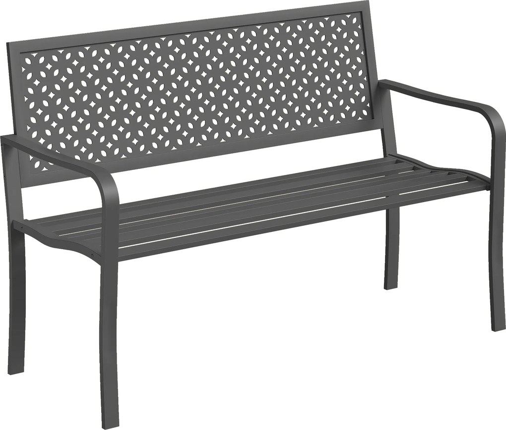 Outsunny kovová zahradní lavice pro 2 osoby – odolná vůči povětrnostním vlivům, žebernaté ocelové opěradlo proti korozi, geometrický design, nosnost 2