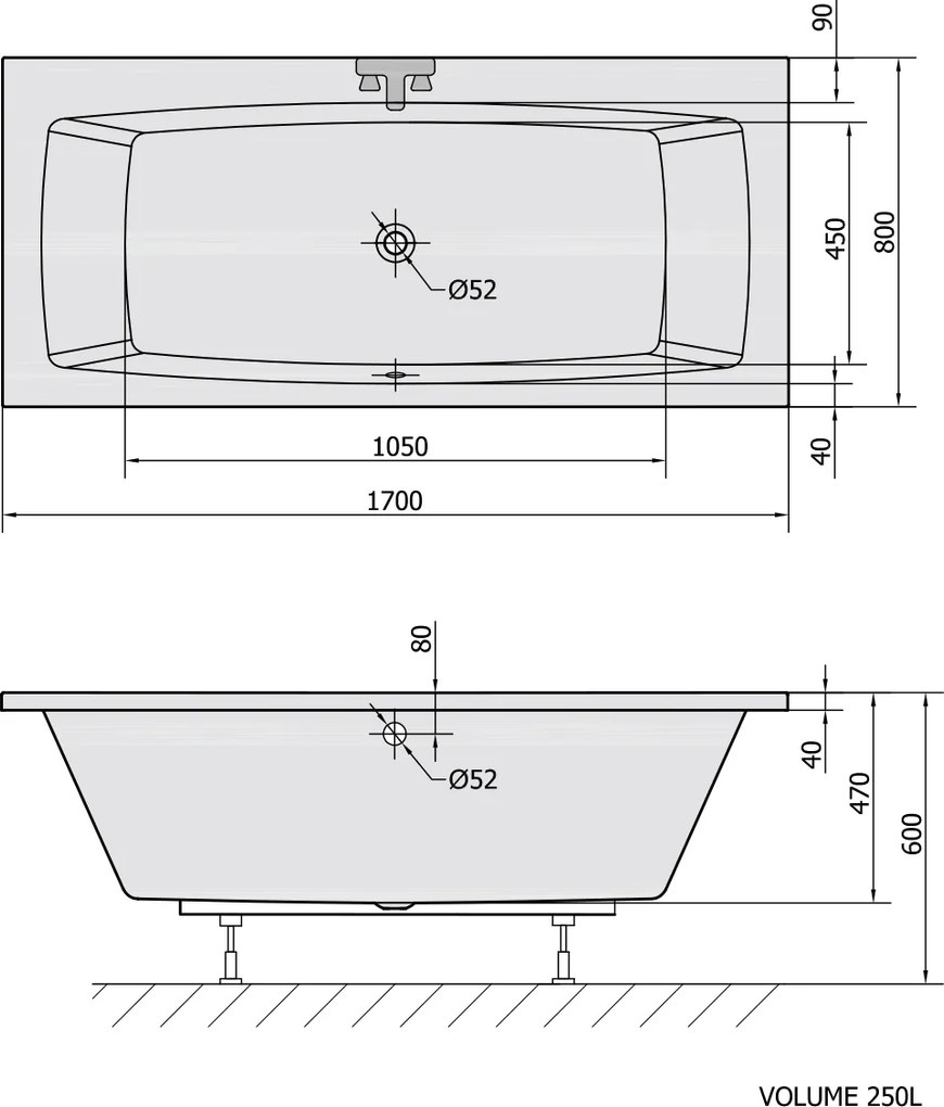 Polysan, KVADRA obdélníková vana 170x80x47cm, bílá, 18611