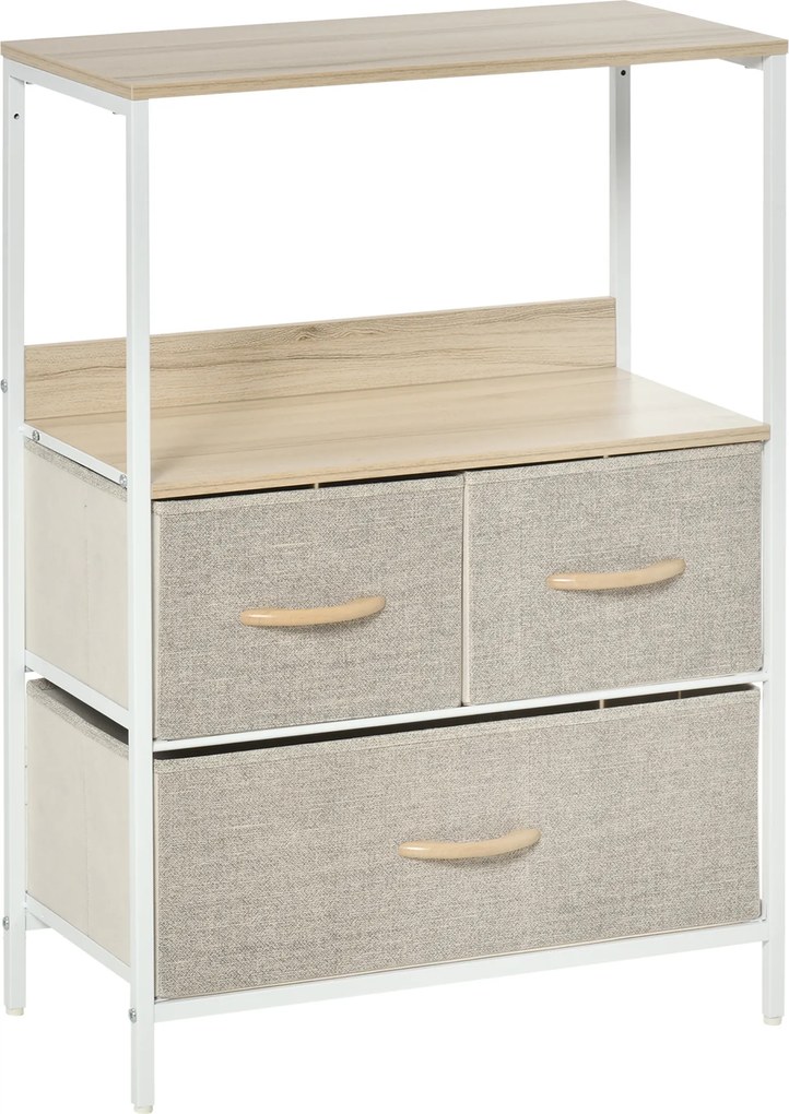 HOMCOM Úložná Skříň s 3 Textilními Zásuvkami, Policí a Horní Deskou, Malá Boční Skříň - 58D x 29Š x 81,5V cm - Přírodní a Bílý Kov