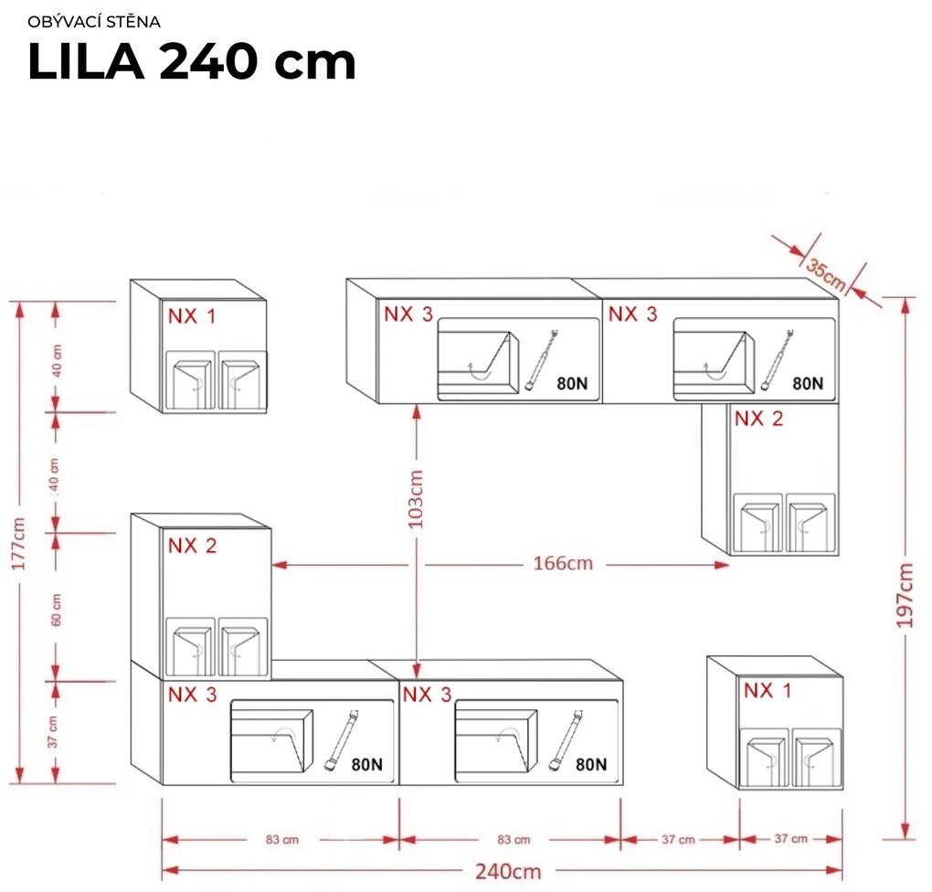 Ral Obývací stěna LILA 3, 240 cm - Černo/bílý lesk