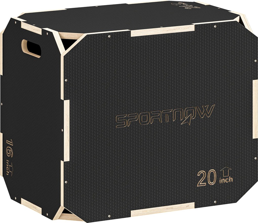 SPORTNOW 3-v-1 Plyo-box, skákací box s otvory pro uchopení, pro domácí fitness a venkovní cvičení, 3 výšky skoku, dřevo, Černá