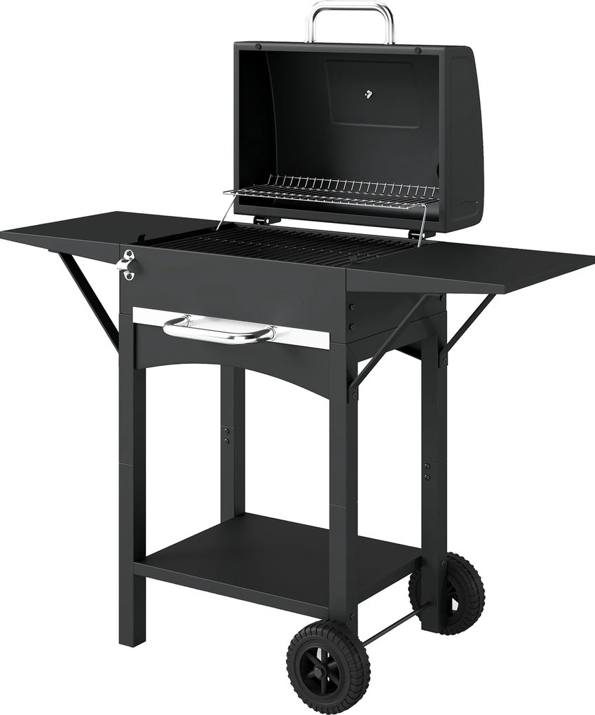 Outsunny gril na dřevěné uhlí s poklopem — BBQ vozík s 2 bočními stolky, velká grilovací plocha, teploměr a kolečka, 110 x 46,5 x 101 cm (černý)