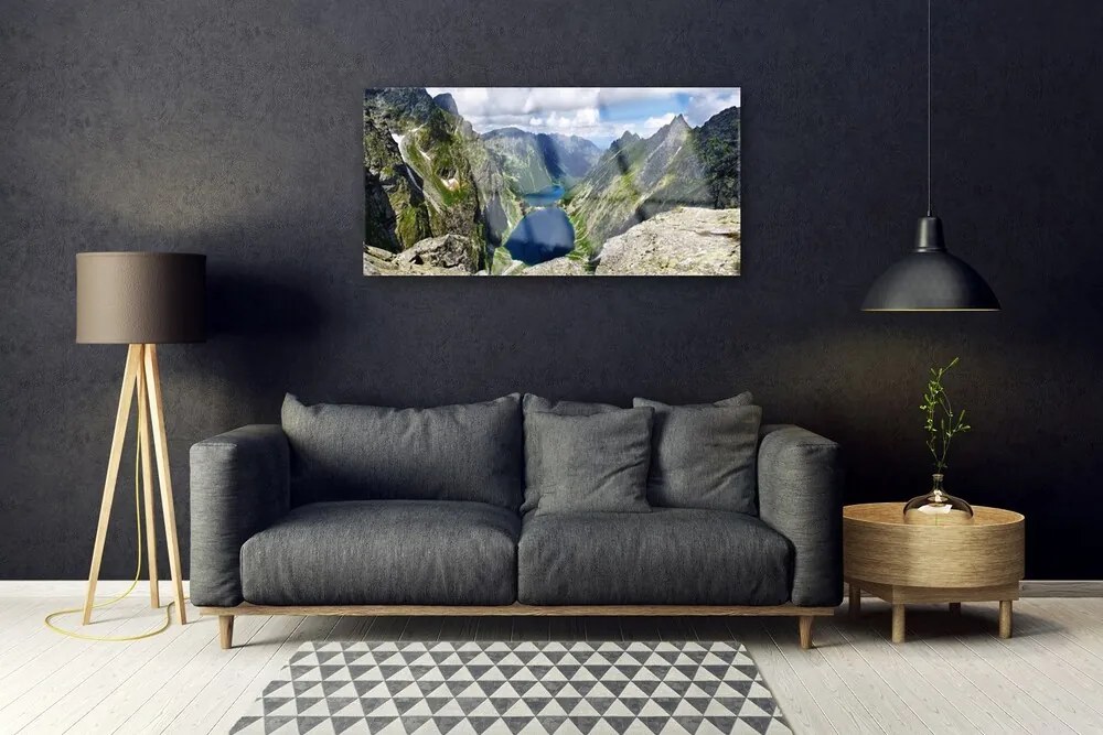 Obraz na skle Hory Údolí Jezera Vrcholy 125x50 cm