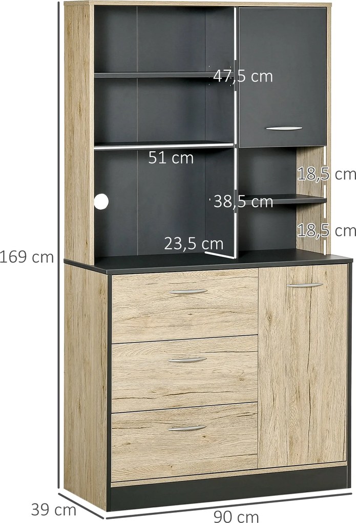 HOMCOM Kuchyňský Bufet Skříňka s Víceúložným Prostorem, 2 Dveře, 3 Zásuvky, 3 Police + Velká Pracovní Deska 90 Š x 39 H x 169 V cm, Dvoubarevná Světlý