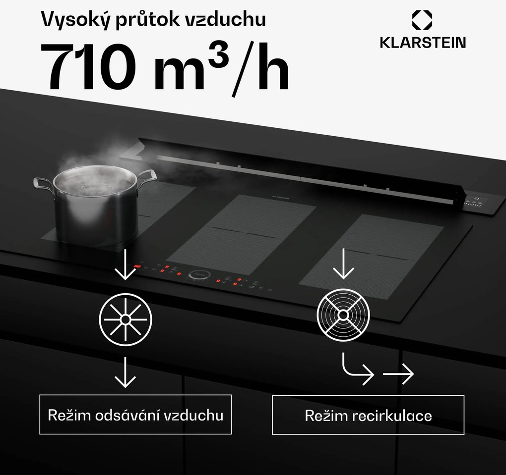 Klarstein Brisa digestoř, výsuvná, 708 m³/h, A+, LED, 42 dB, režim odsávání/recirkulace