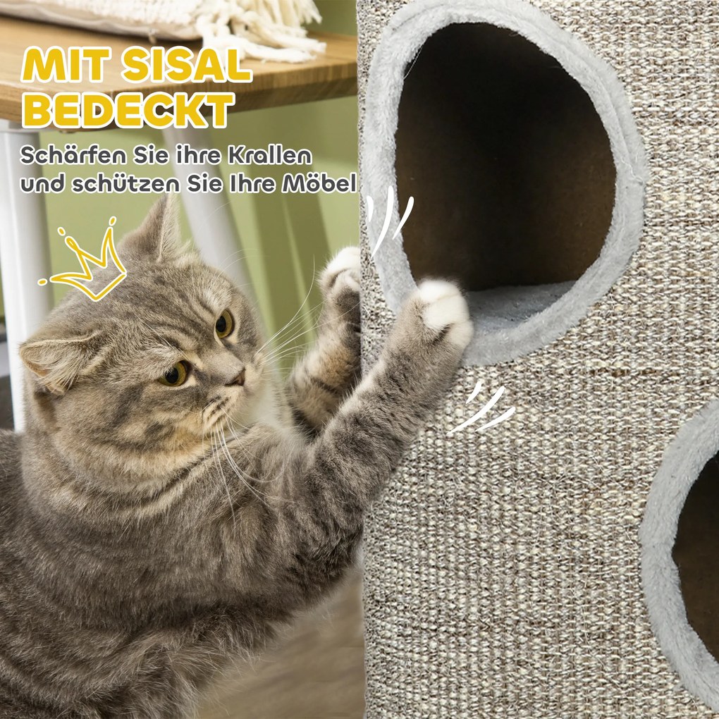 PawHut škrábací sud Hrací a škrábací sud pro kočky se 3 jeskyněmi ze sisalu a plyše Světle šedý Ø38x70cm pro aktivní hru a odpočinek | Aosom.de