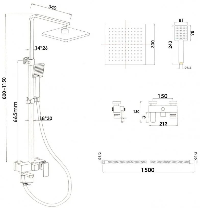 Erga Cube, sprchová souprava s pákovou baterií, vanovou výlevkou a dešťovou hlavicí 30x30cm, chromová, ERG-YKA-BP.CUBE-30-CHR