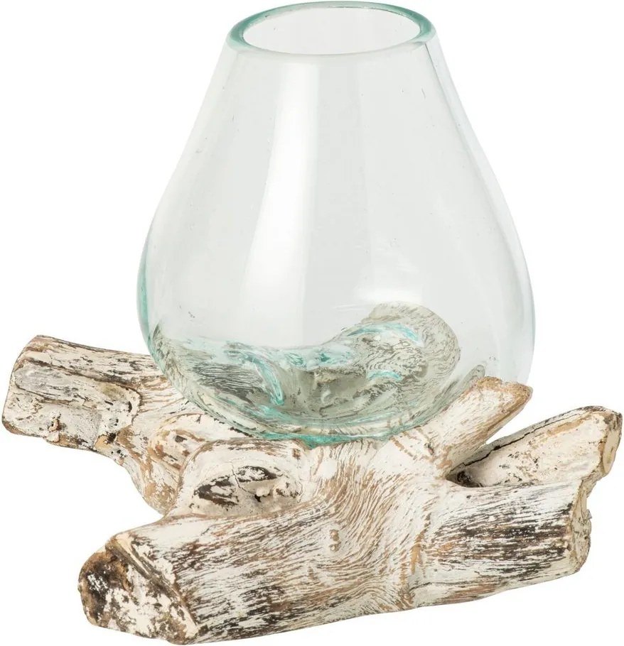 Skleněná váza z recyklovaného skla na dřevu Gamal White M - 20*20*20 cm