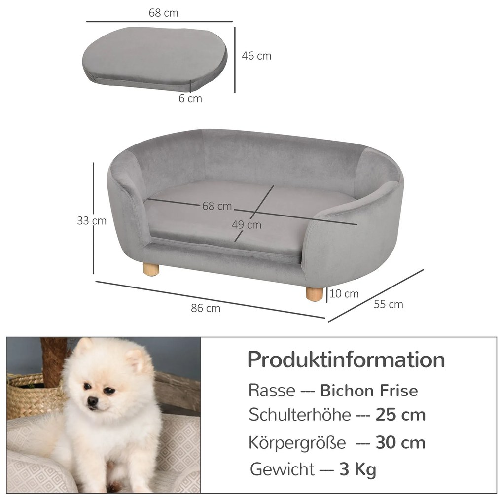 Pohovka pro psy PawHut s holandským sametem a pěnou, 86 x 55 x 33 cm, pro malé psy a kočky, březové nohy, světle šedá