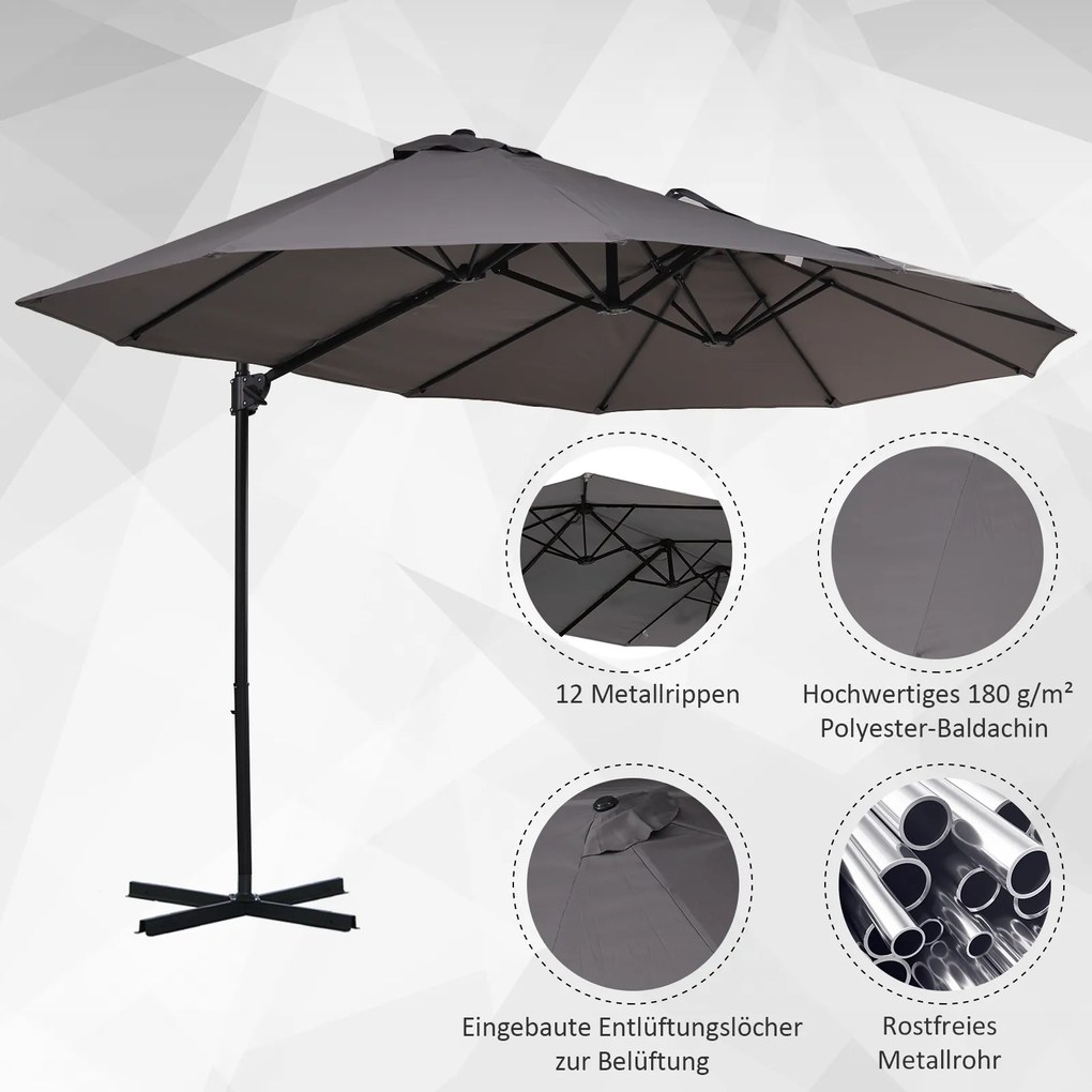 Outsunny dvojitý slunečník konzolový slunečník s kličkou Nastavitelný zahradní slunečník Slunečník kovový Tmavě šedá 440 x 270 x 250 cm | Aosom