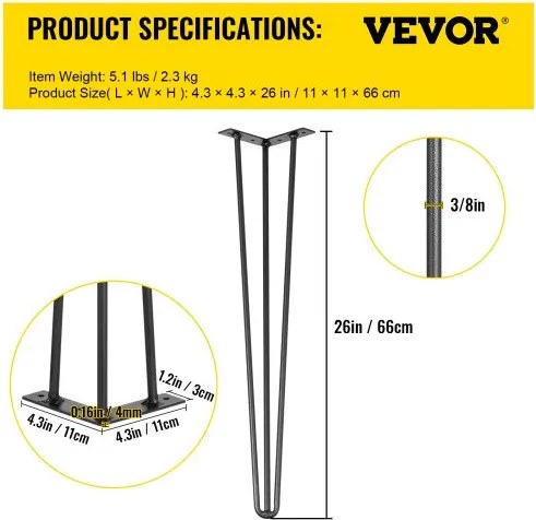 Vlásenkové stolní nohy 66 cm, sada 4 DIY stolních stolových nohou 3 tyče Zesílené