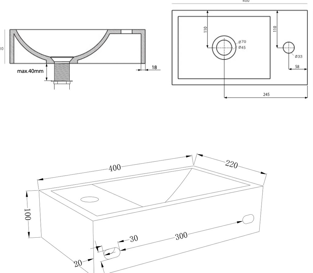 Sapho CREST R betonové umyvadlo nástěnné včetně výpusti 40 x 22 cm bez přepadu granit černá AR409