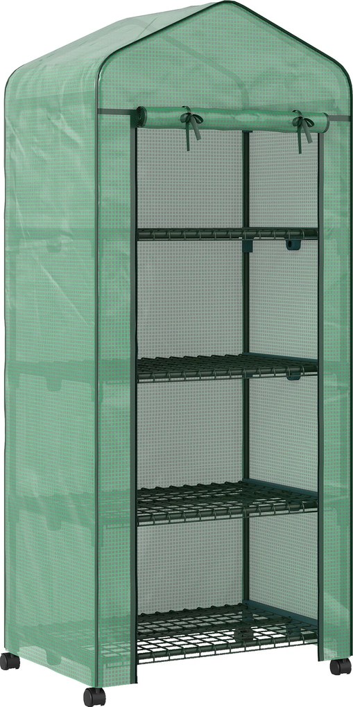 Fóliový skleník Outsunny s rolí, skleník se 4 policemi, fóliový skleník s ocelovým rámem, pro zahradu, balkon 69 x 50 x 165 cm, zelený