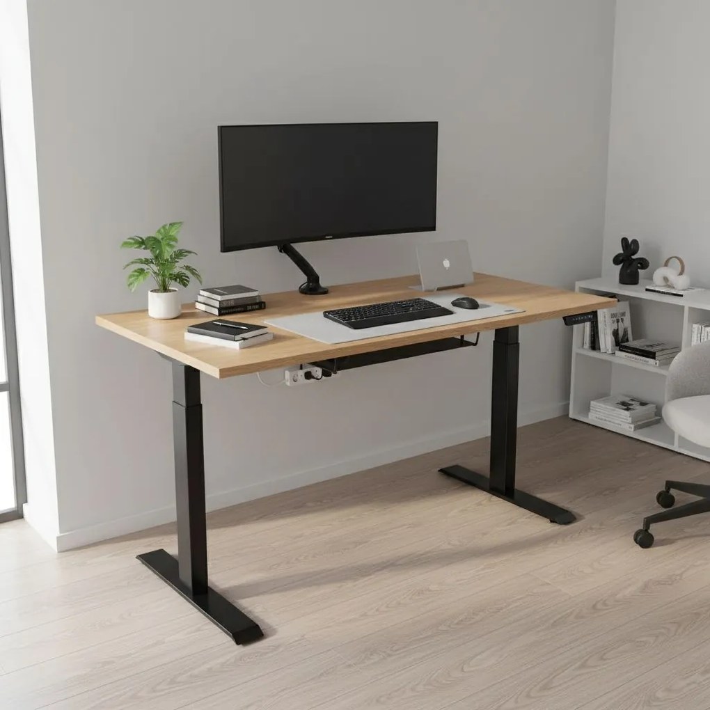 Výškově nastavitelný stůl OfficeTech D, 180 x 80 cm, černá podnož, dub kamenný