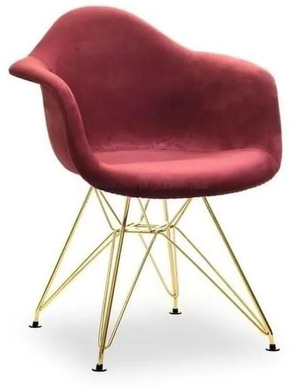 design4life Židle MIRKAS bordový velur s područkami- žlutá kovová podnož