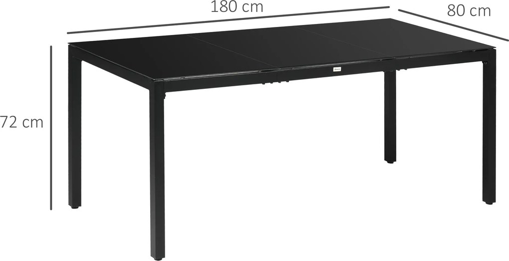 Obdélníkový zahradní stůl Outsunny pro venkovní jídelnu pro 8 osob s tvrzeným sklem a hliníkovým rámem 180 x 80 x 72 cm Černý