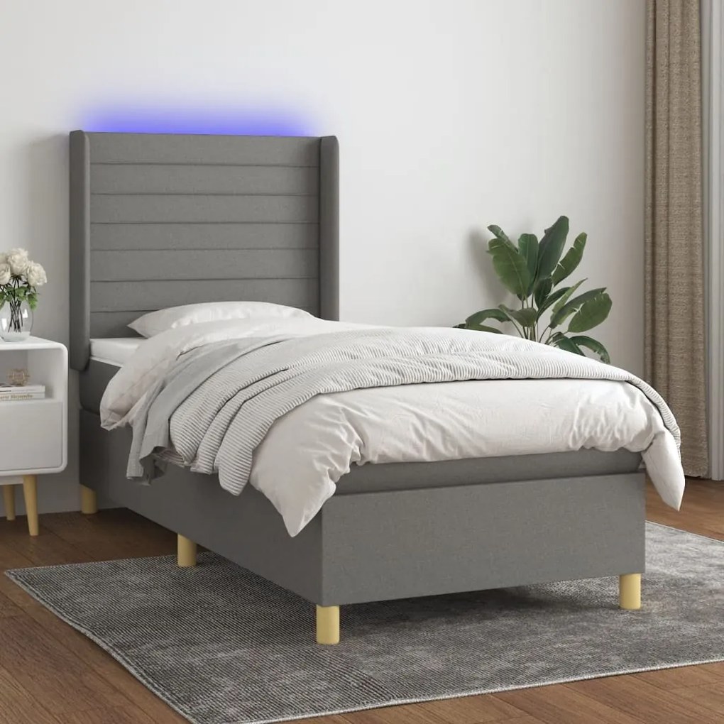 Box spring postel s matrací a LED tmavě šedá 90x200 cm textil