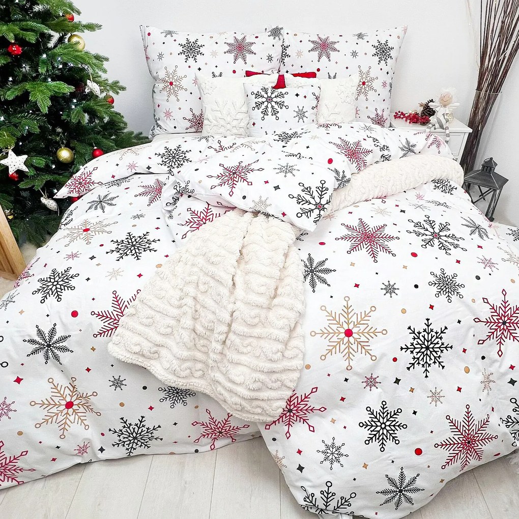 Bavlněné povlečení Sněhové vločky Červené Zapínání: knoflík, Velikost polštáře: 70x90, Velikost přikrývky: 140x260