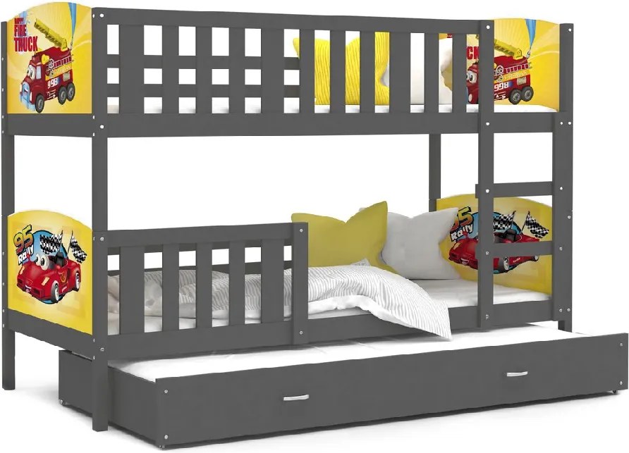 Expedo Dětská patrová postel DOBBY 3 COLOR s potiskem + matrace + rošt ZDARMA, 190x80, šedá/vzor D24/H23