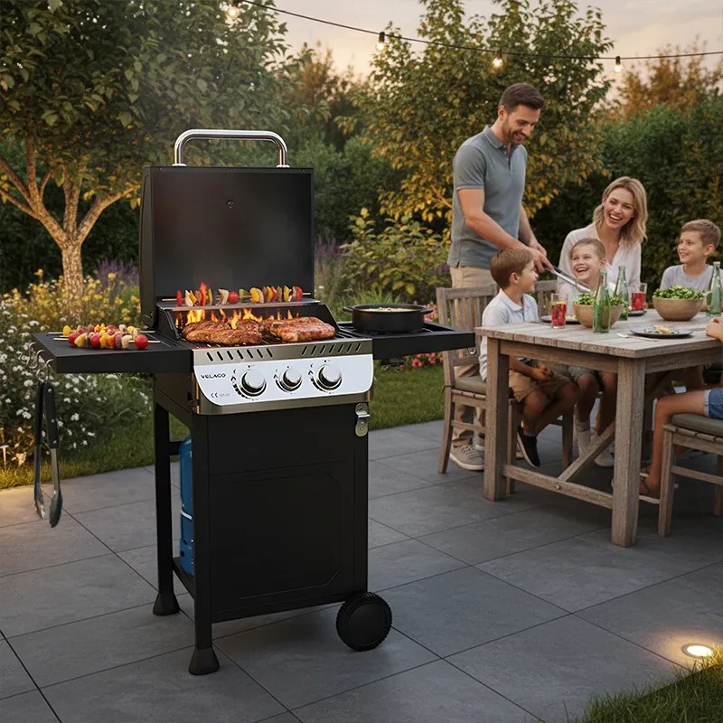 BPS-koupelny Plynový BBQ gril s boční plotýnkou, poličkou a krycí plachtou - , 2+1 hořák