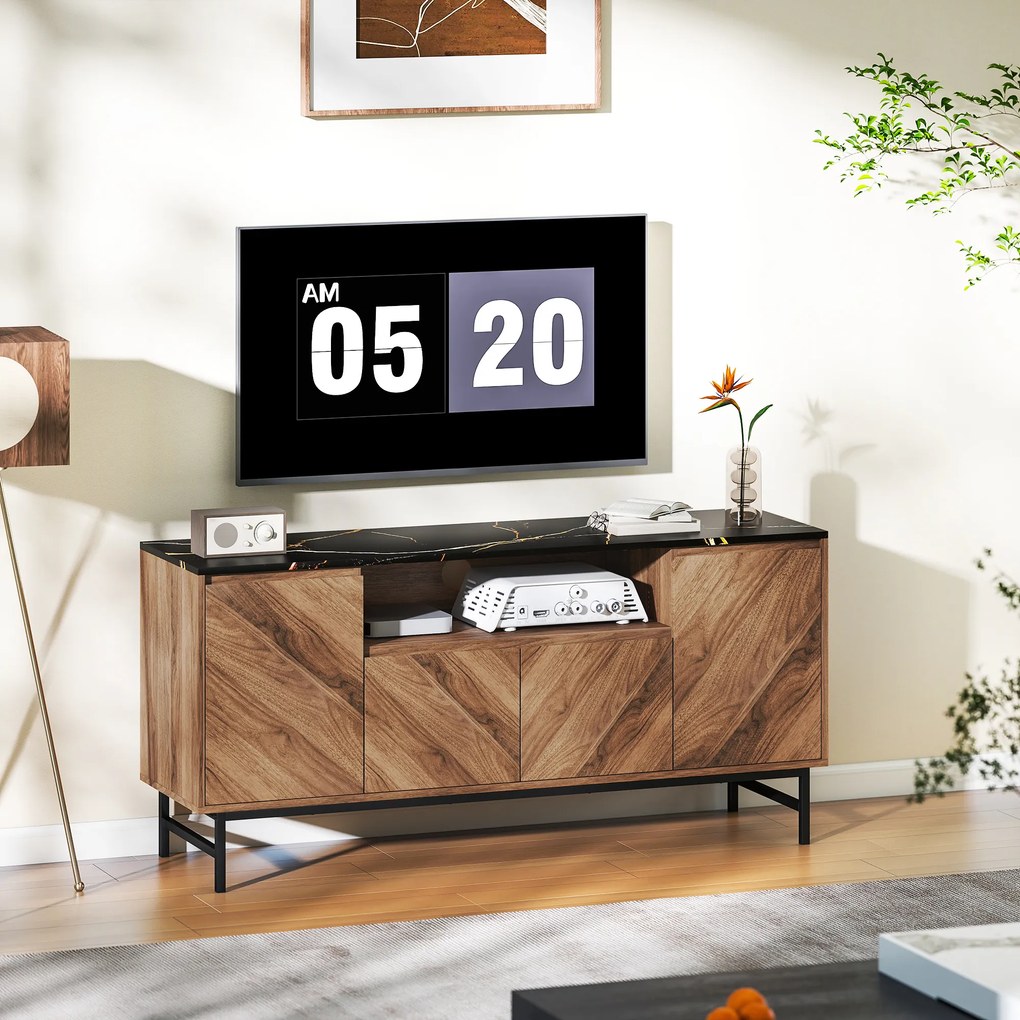 HOMCOM TV stolek pro TV až do 65 palců, nábytek z dřeva s otevřenou přihrádkou a průchodkou pro kabely, efekt mramoru, 140x39x66 cm, ořech