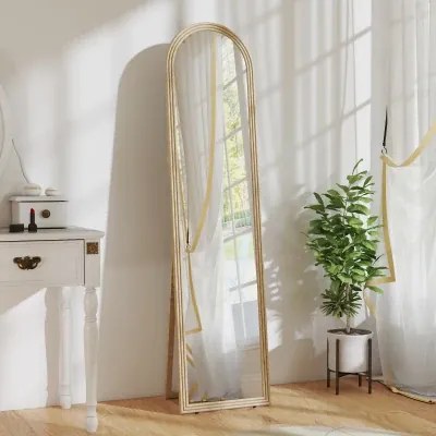 HOMCOM stojací zrcadlo na zeď i volně stojící zrcadlo na celou délku s stojanem, imitace kamene a obloukový tvar, 40x160 cm, béžová