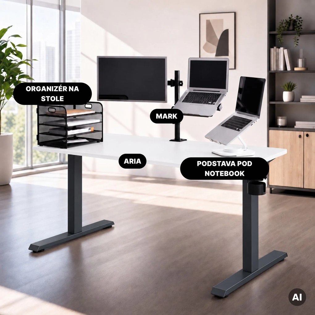 Elektrický stůl s nastavením výšky ergonomický antracitově-bílý, 1400x700 mm: ARIA
