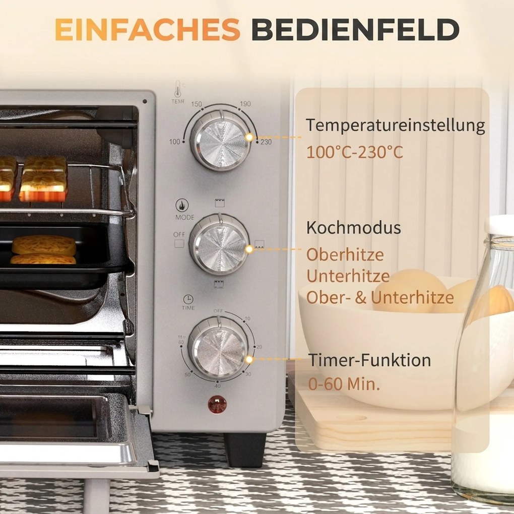 HOMCOM malá trouba 21l, 100°C-230°C, časovač na 1 hodinu, 3 režimy pečení, drátěný rošt, plech, nerez, 46L x 38.5W x 29H cm, stříbrná| Aosom
