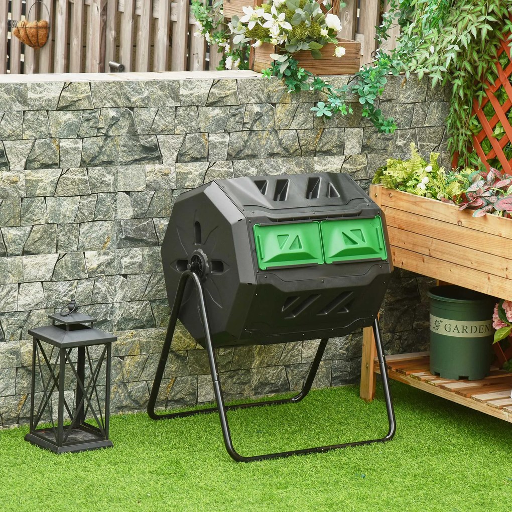 Bubnový kompostér Outsunny 160L zahradní kompostér se 2 přihrádkami, otočný, na organický odpad, černý, účinný a robustní| Aosom