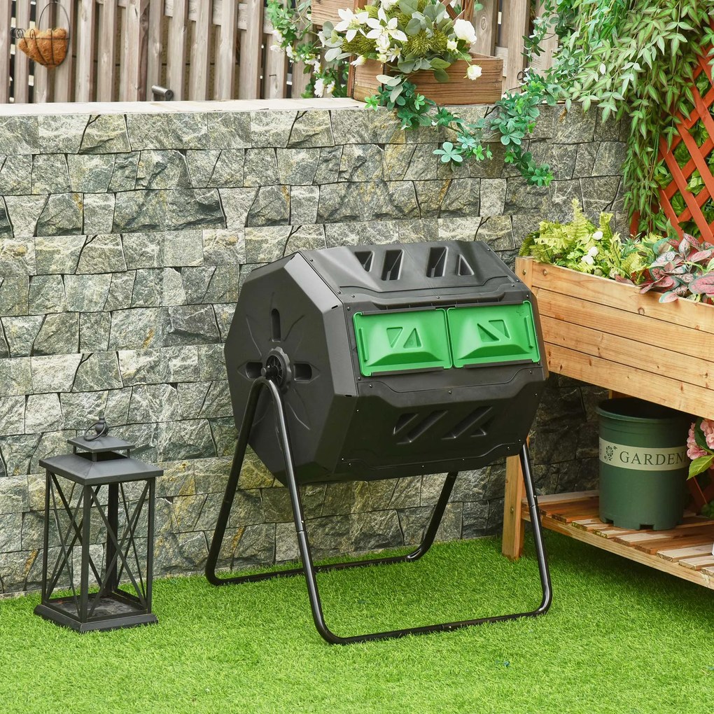 Bubnový kompostér Outsunny 160L zahradní kompostér se 2 přihrádkami, otočný, na organický odpad, černý, účinný a robustní